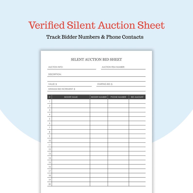 Silent Auction Bid Sheet With Bidder Number - Paddle ID & Name Columns ...