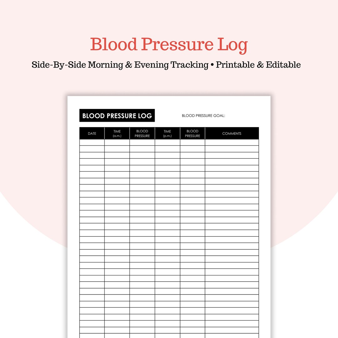 Blood Pressure Log With Goal Setting Google Docs & PDF - AM PM Tracker ...