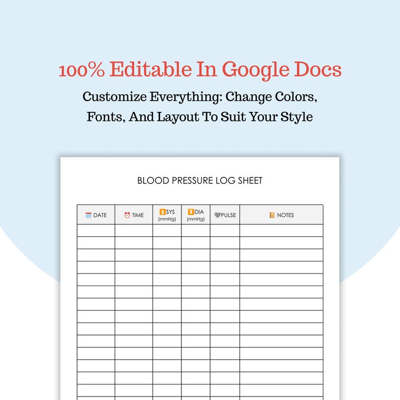 Blood Pressure Log Sheet Google Docs & PDF - Simple BP Tracker - Pulse ...