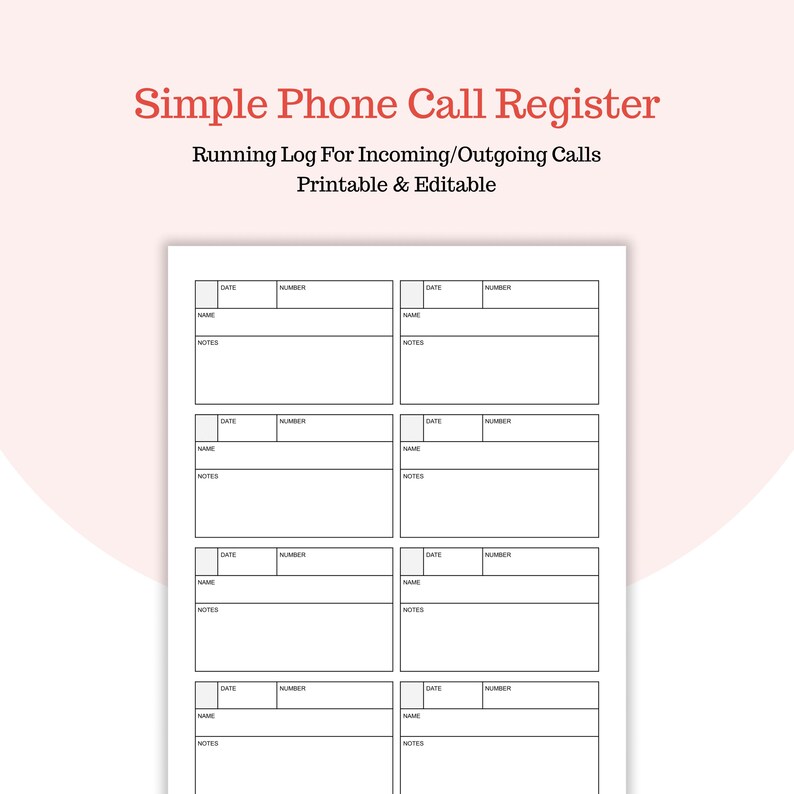 Simple Phone Call Log - Name Number Notes - Quick Voice Message Sheet ...