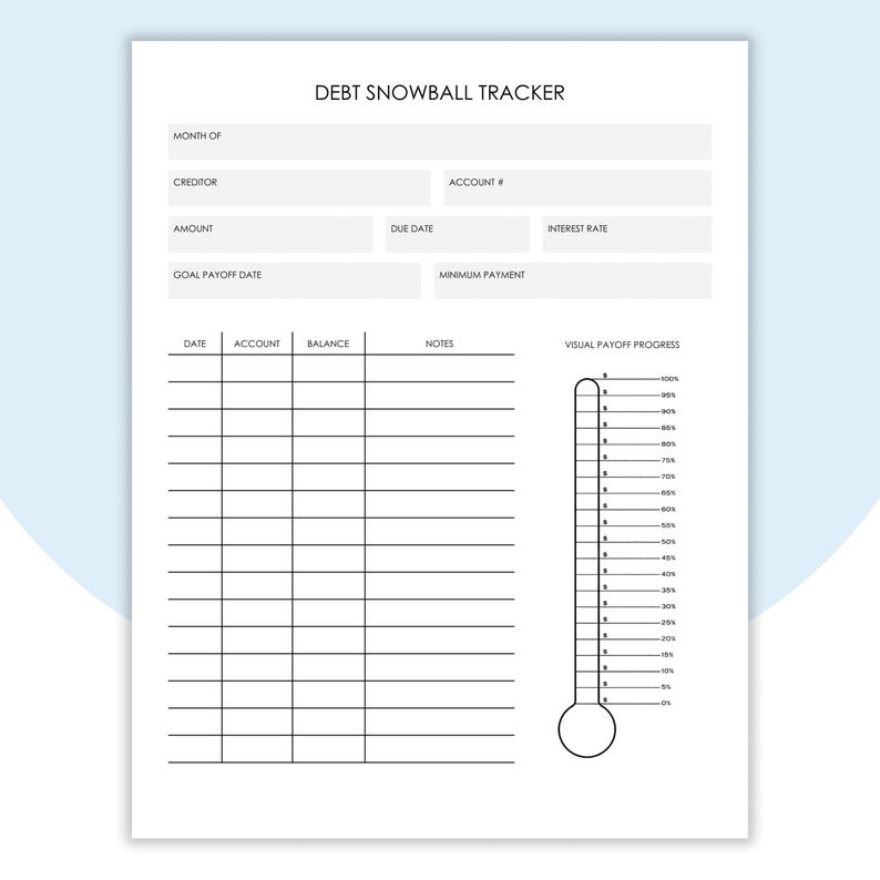 Visual Debt Snowball Tracker - Payoff Progress Chart - Percentage ...
