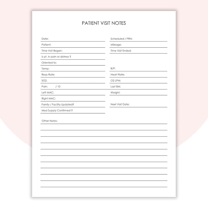 Home Health Visit Note - Nurse Patient Assessment - Mileage and Time ...