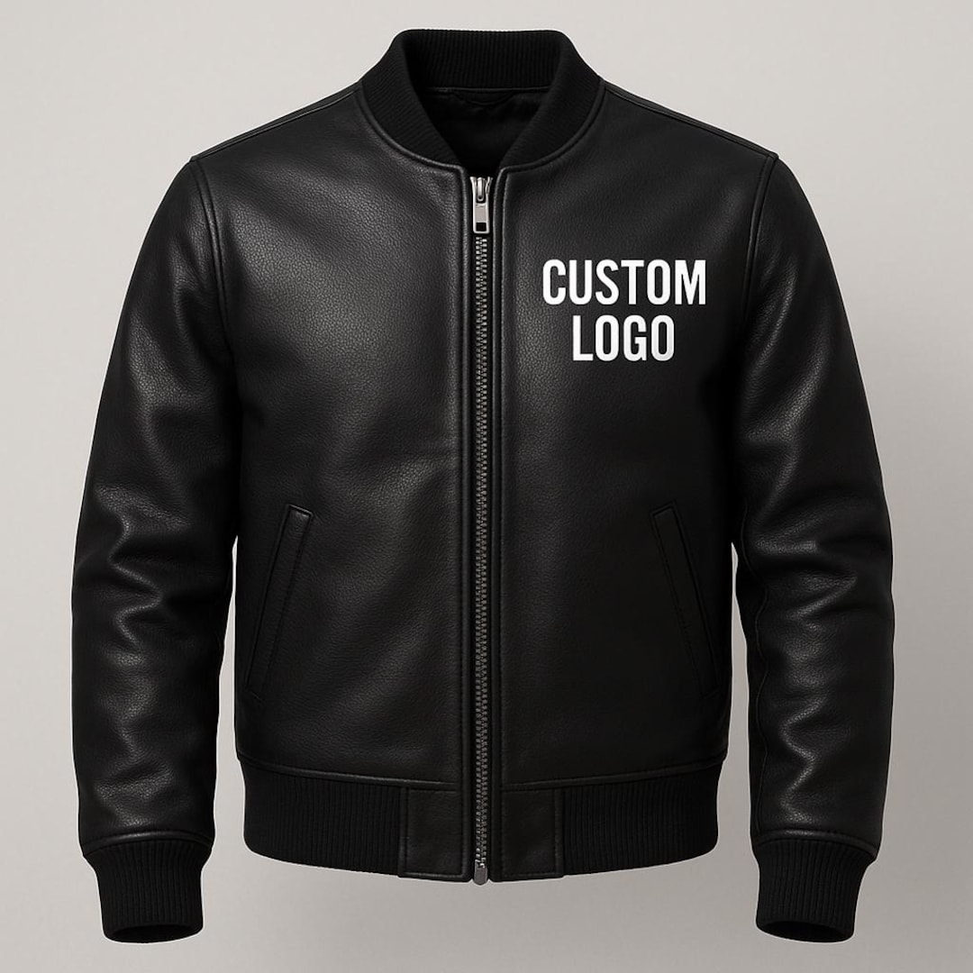 Leather Bomber Jacket Custom Logo Black Genuine Cowhide Motorcycle ...
