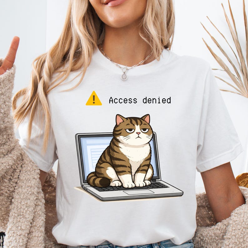 Funny Cat T-shirt Laptop WFH Tech Meme Retro Humour Tee, Gift for Cat ...