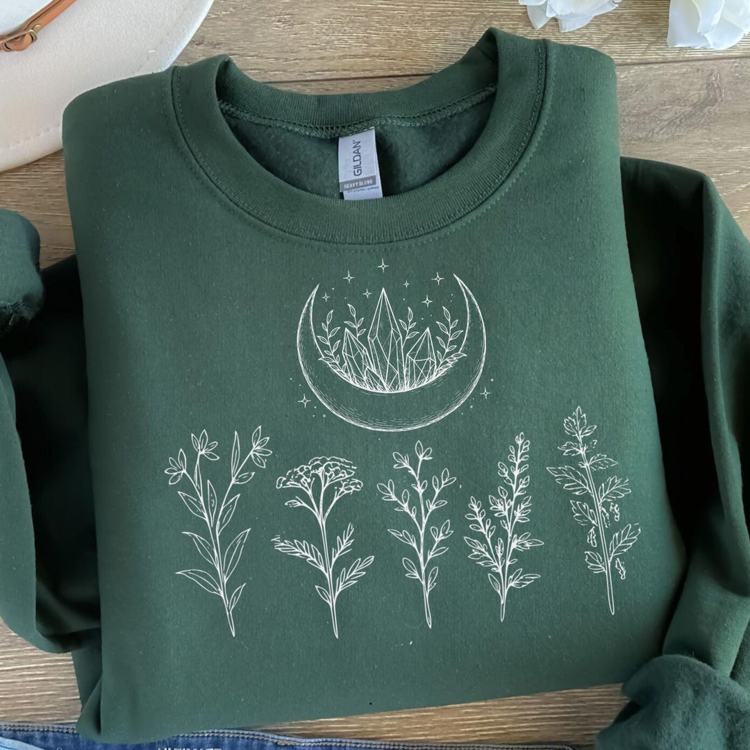 Moon Crystal Botanical Herb Line Art Sweatshirt | Sage Yarrow Thyme ...
