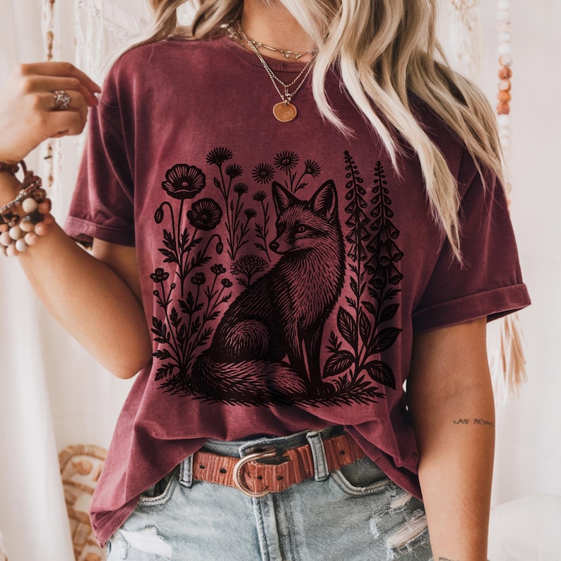 Flower Fox Boho Shirt | Vintage Floral Cottagecore Tee | Wildflower ...