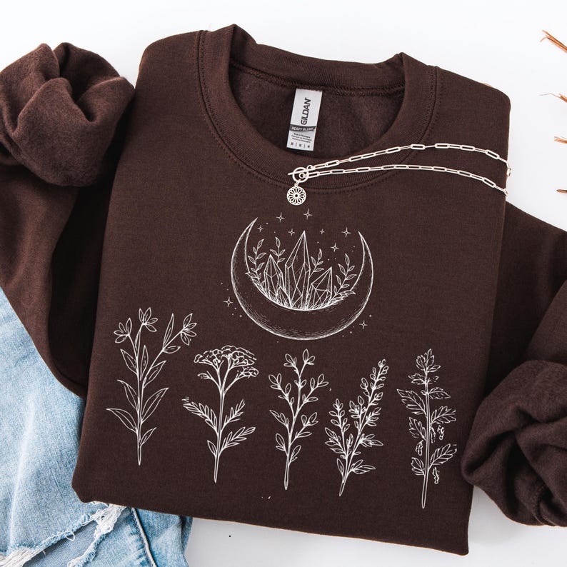 Moon Crystal Botanical Herb Line Art Sweatshirt | Sage Yarrow Thyme ...