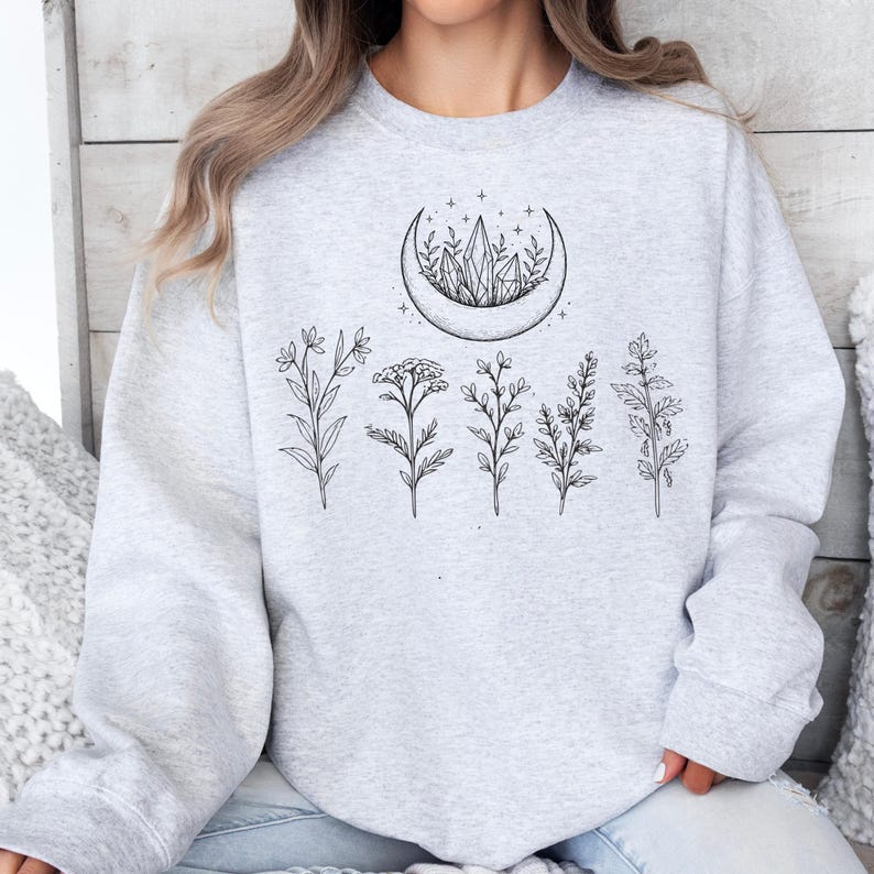 Moon Crystal Botanical Herb Line Art Sweatshirt | Sage Yarrow Thyme ...