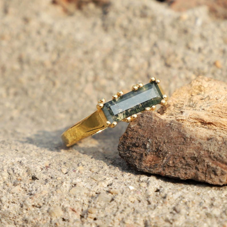 Moss Agate Rectangle Bar Ring, 18k Gold Plated Sterling Silver, Green Gemstone - Etsy