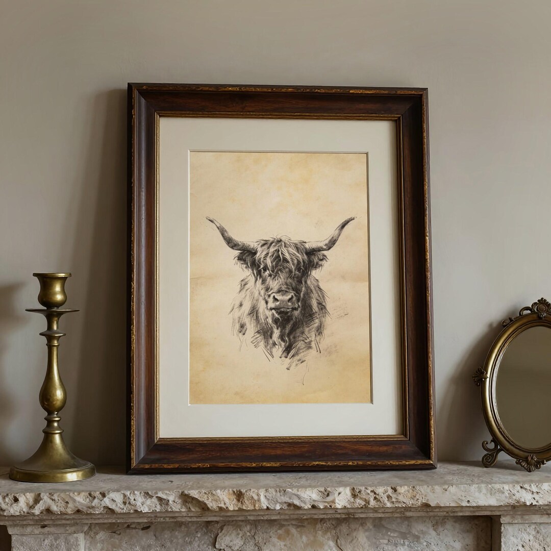 Highland Cow Wall Art, Heritage Charcoal Print, Printable Digital ...