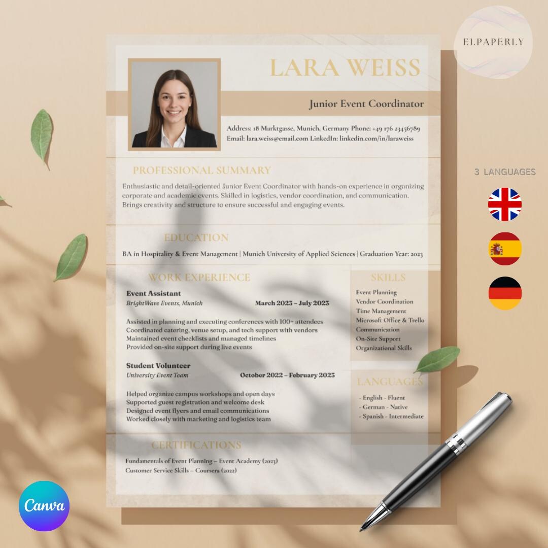 Canva Template Minimalist CV 3 Languages English, Deutsch, Español - Etsy