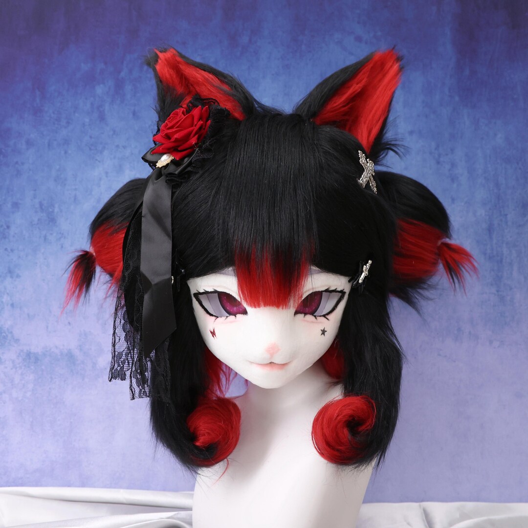 Gothic Red Black Cat Fursuit Head Handmade Lolita Fox Cosplay Mask ...
