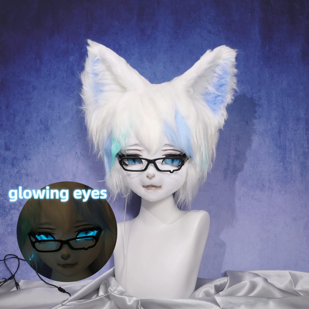 Fox KIG Fursuit Head With LED Eyes White Fur Blue Highlights Glasses ...