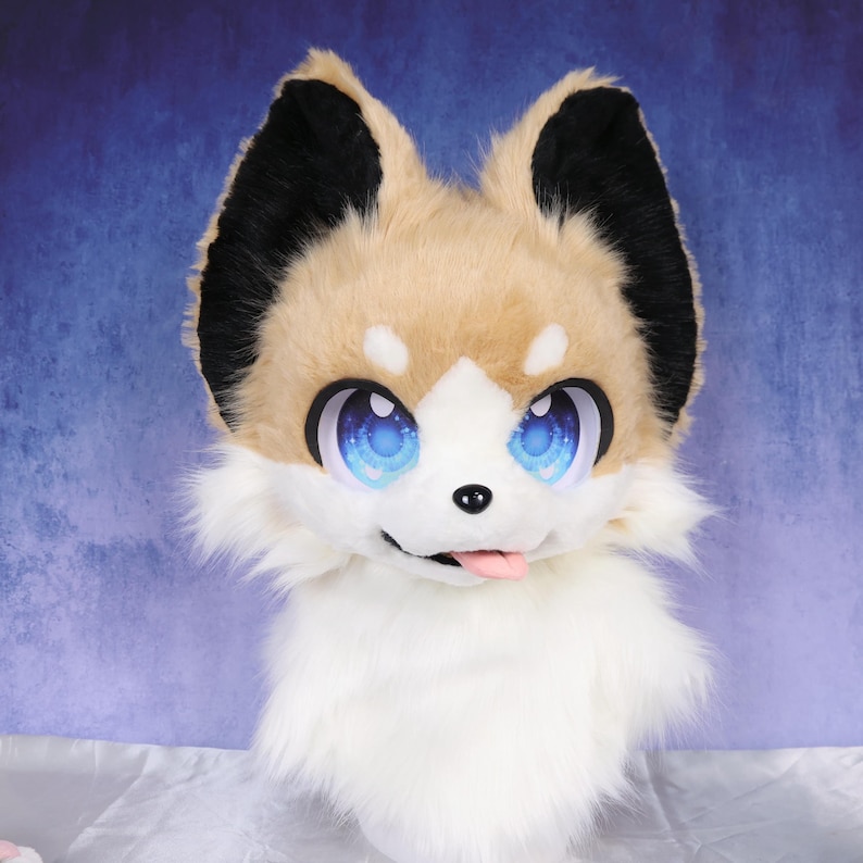 Khaki Husky Fursuit Head Blue Eyes Beige White Fur Kawaii Furry Mask ...