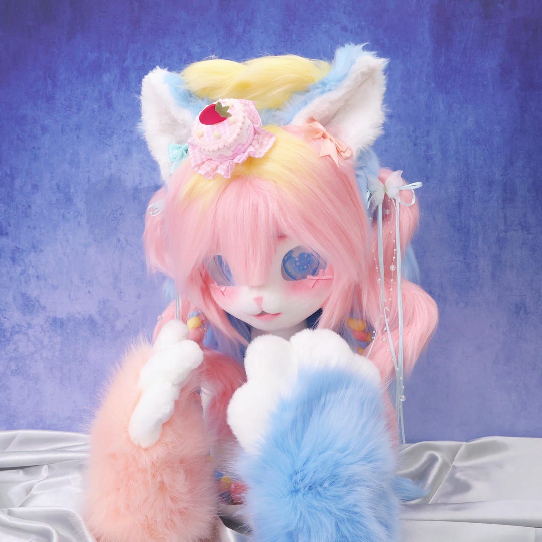 Handmade Furry Cat Fursuit Head Pastel Lolita Style Heart Clip Cake Hat ...