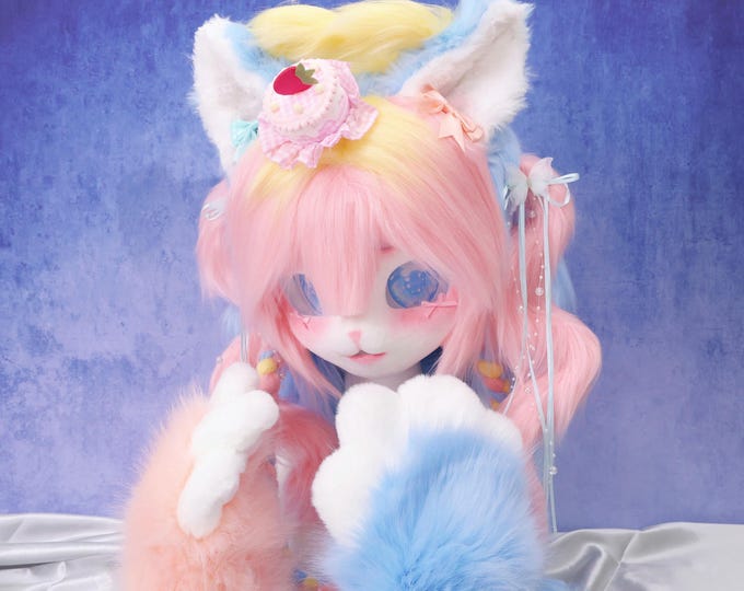 Handmade Furry Cat Fursuit Head Pastel Lolita Style Heart Clip Cake Hat ...