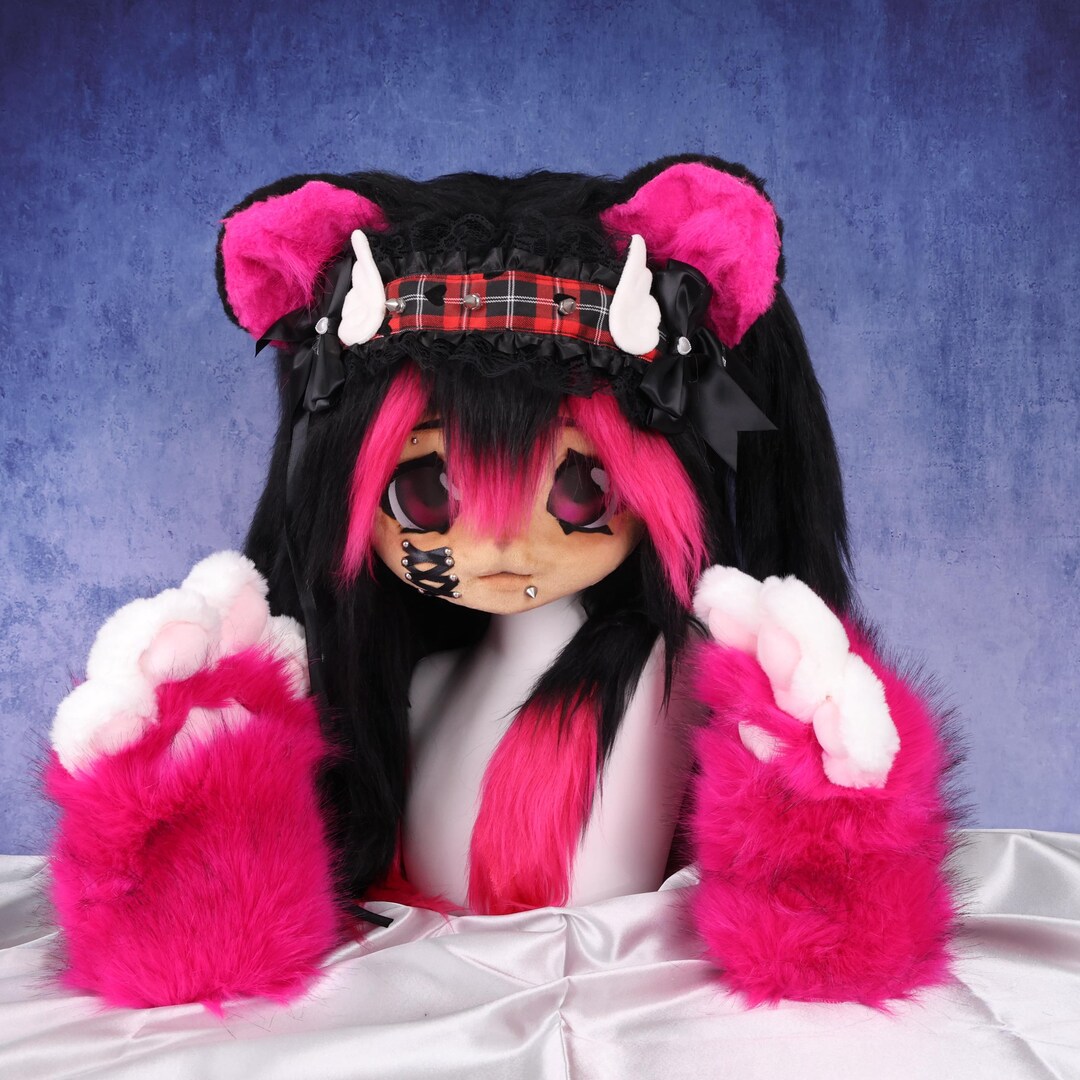 Gothic Y2K Furry Bear Head With Pink Black Twin Tails Spiked Headband ...