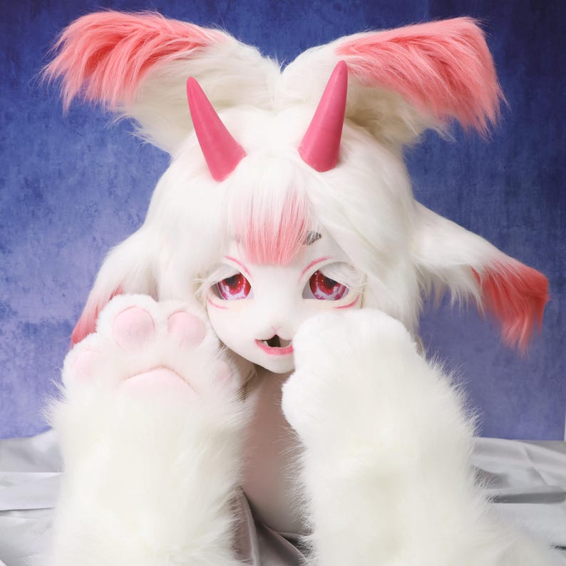 Fantasy Fox Fursuit Head 3D Printed Pink Horns White Long Paws ...