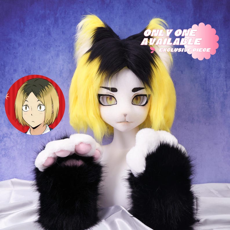 Kenma Style Handmade Cat Fursuit Head Black Yellow Cosplay Furry Mask ...