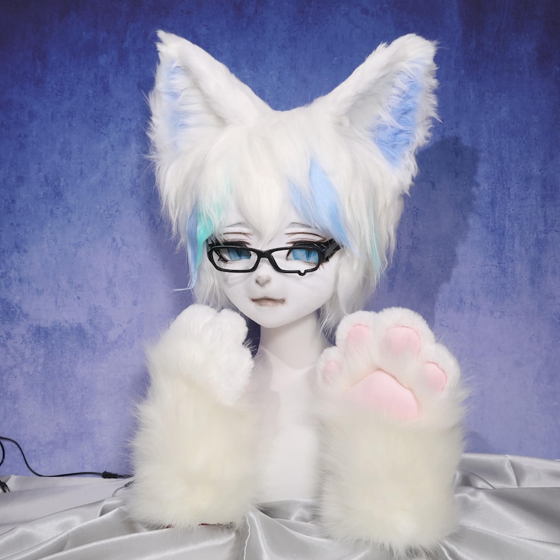 Fox KIG Fursuit Head With LED Eyes White Fur Blue Highlights Glasses ...