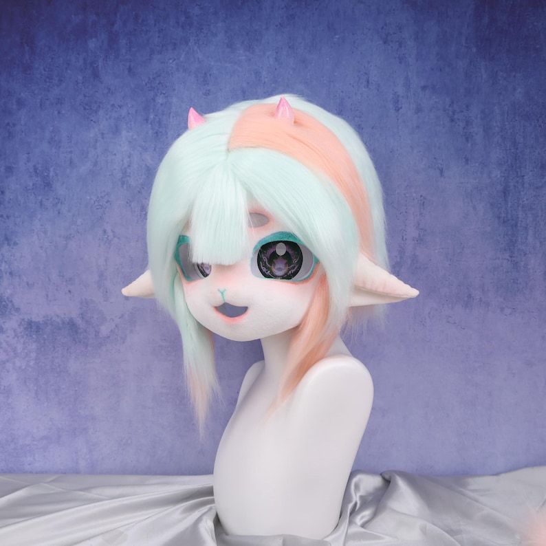 Pastel Demon Furry Fursuit Head With Removable Pigtails Mint Peach ...