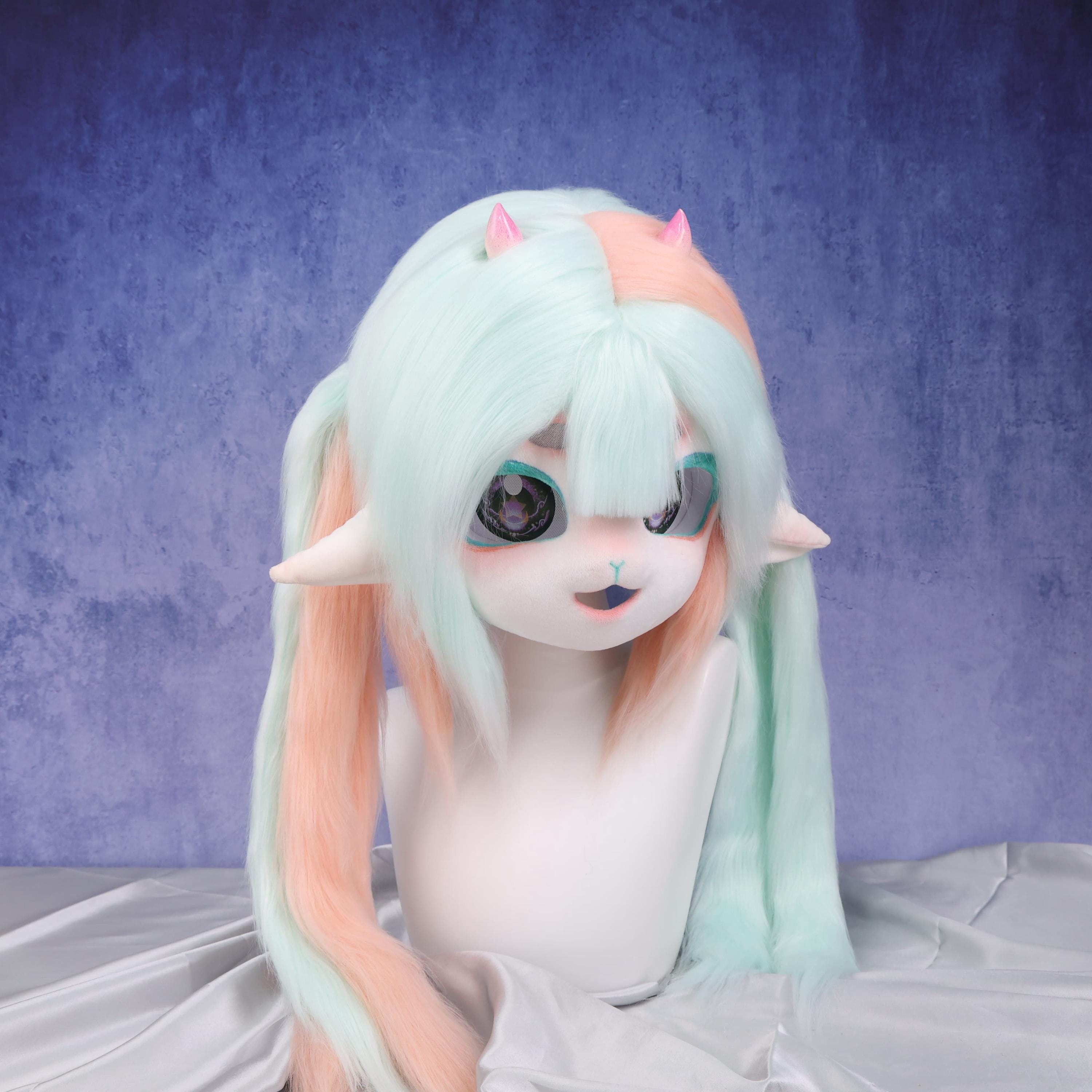 Pastel Demon Furry Fursuit Head With Removable Pigtails Mint Peach ...