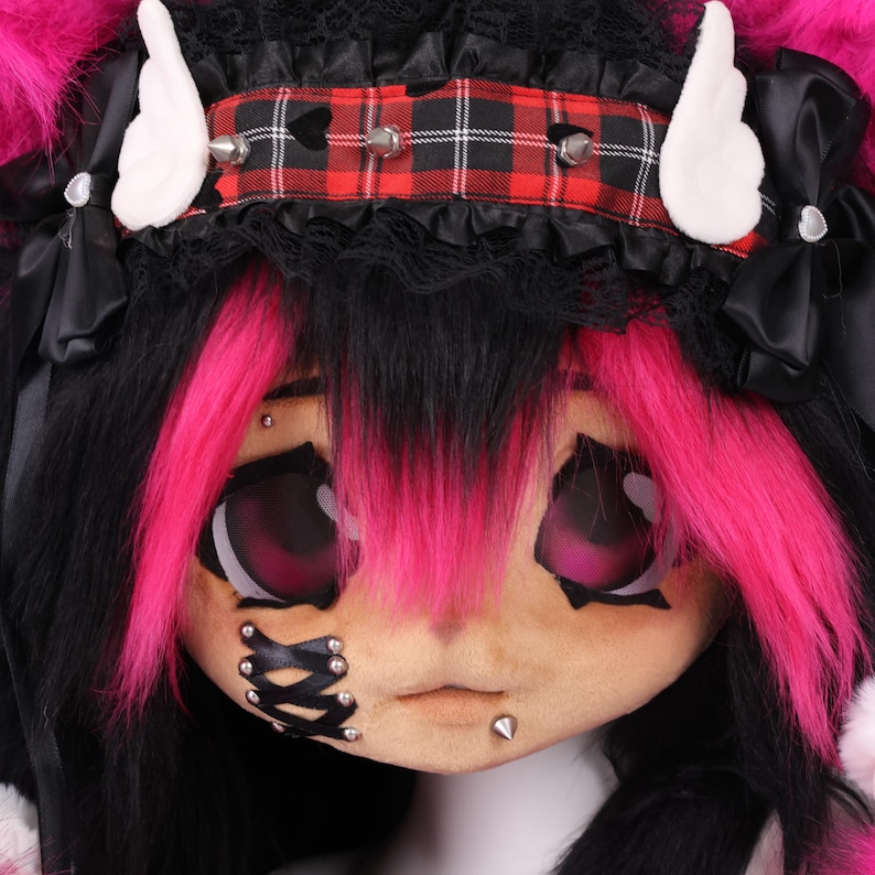 Gothic Y2K Furry Bear Head With Pink Black Twin Tails Spiked Headband ...