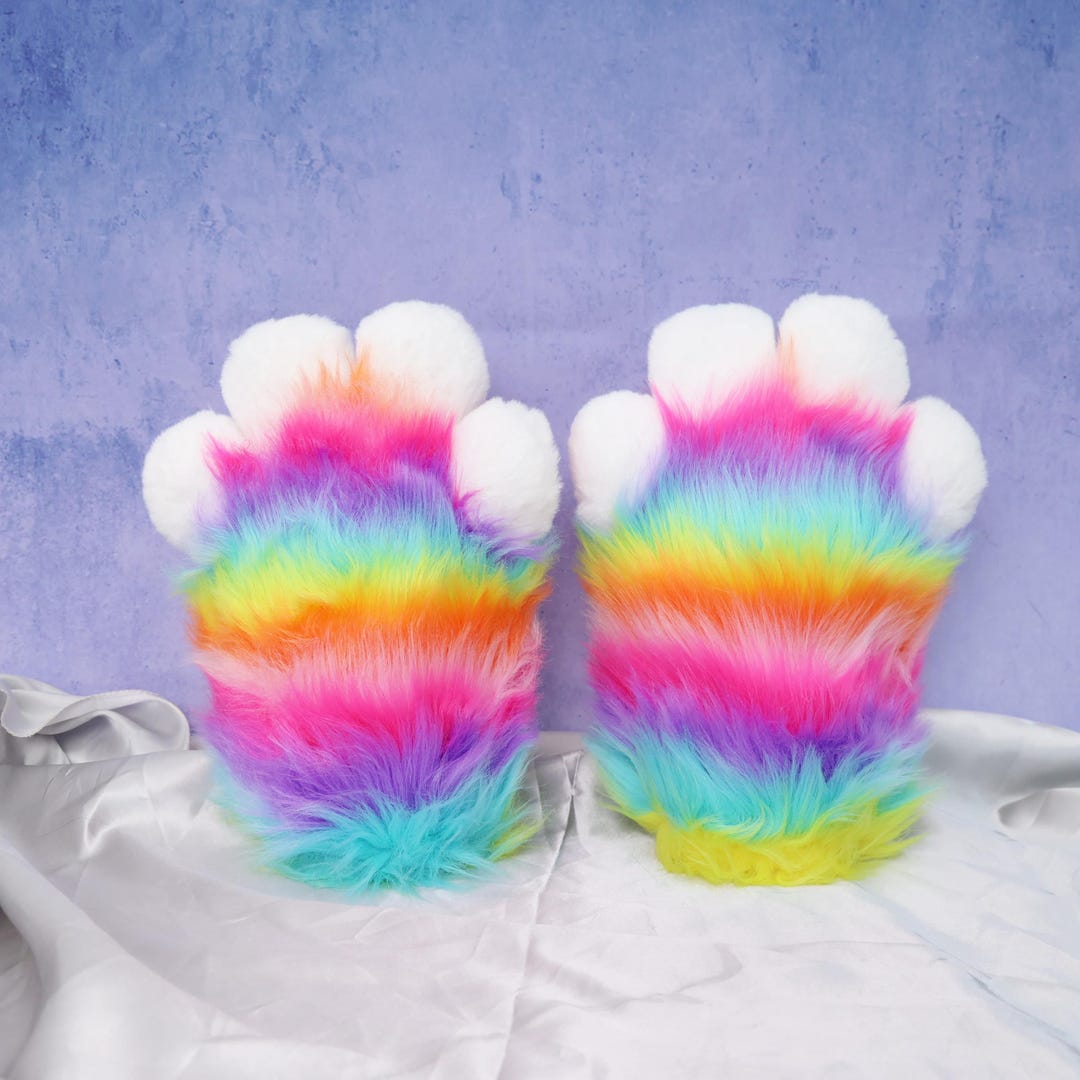 Rainbow Furry Paw Gloves Colorful Dopamine Inspired Hand Paws Pink Paw ...