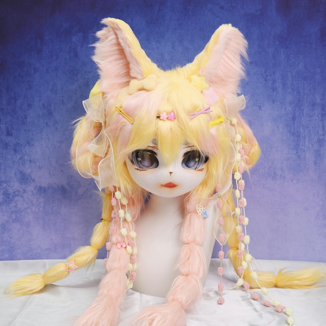 Handmade Furry Fox Fursuit Head With Pink and Yellow Braids Matching ...