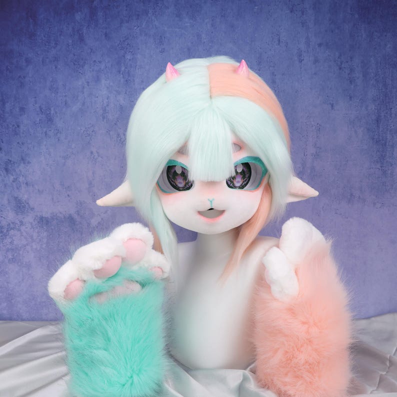Pastel Demon Furry Fursuit Head With Removable Pigtails Mint Peach ...