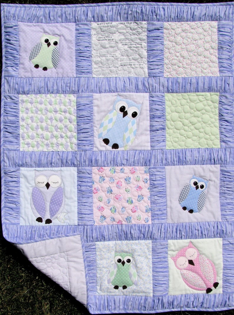 Baby Quilt Sewing Pattern Features Gathered Borders and Owl Appliques ...