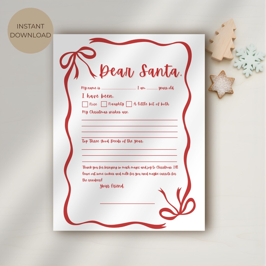 Dear Santa Letter Printable • Red Bow Christmas Letter • Coquette ...