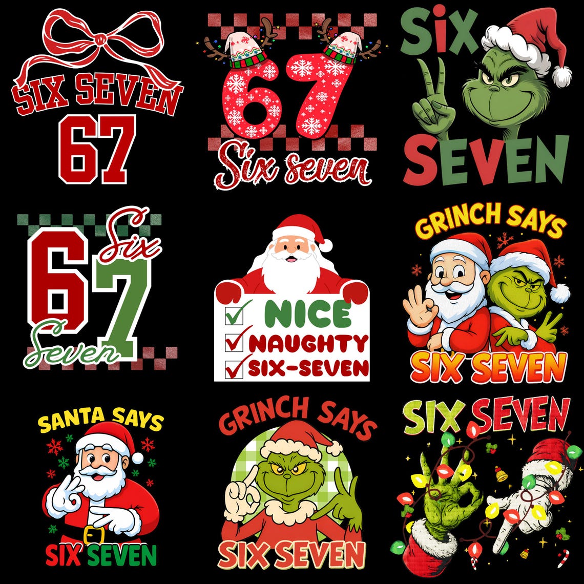 Pacote com 9 imagens PNG engraçadas de Natal com o número 67 (seis ...