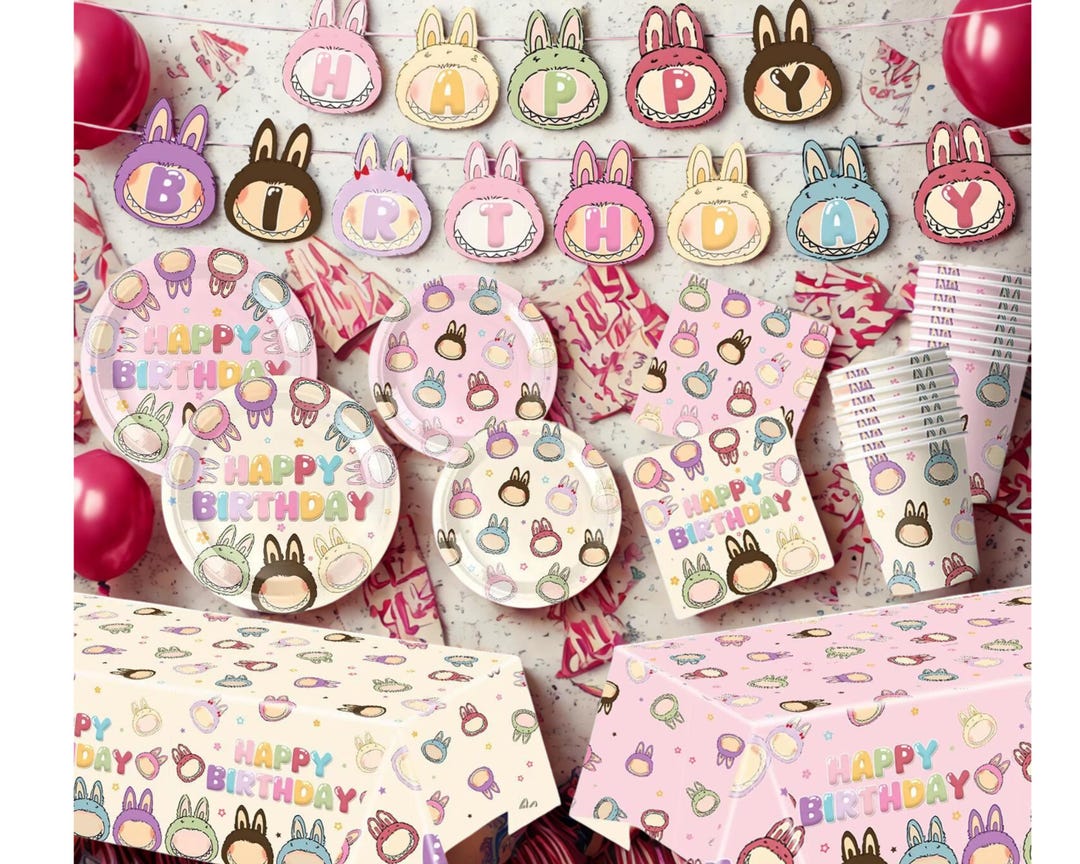 Labubu Birthday Party Decor - Labubu Banner, Tablecloth, Labubu Plates ...