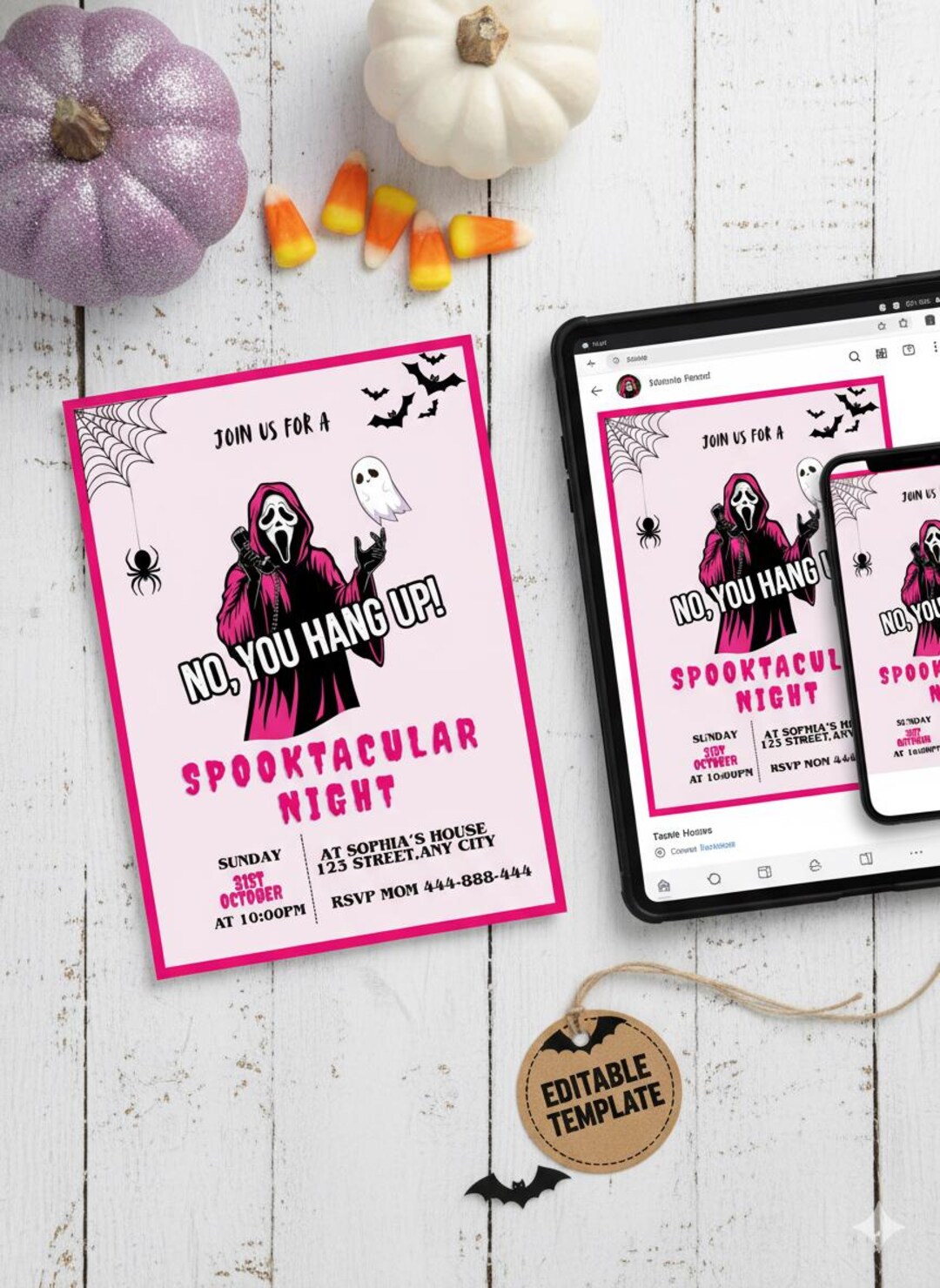 Scream Ghost Face Halloween Party Invitation: Retro Pink (digital ...