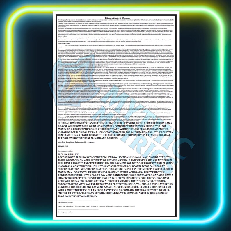 Florida Pool Construction Contract Template | Editable PDF Agreement ...