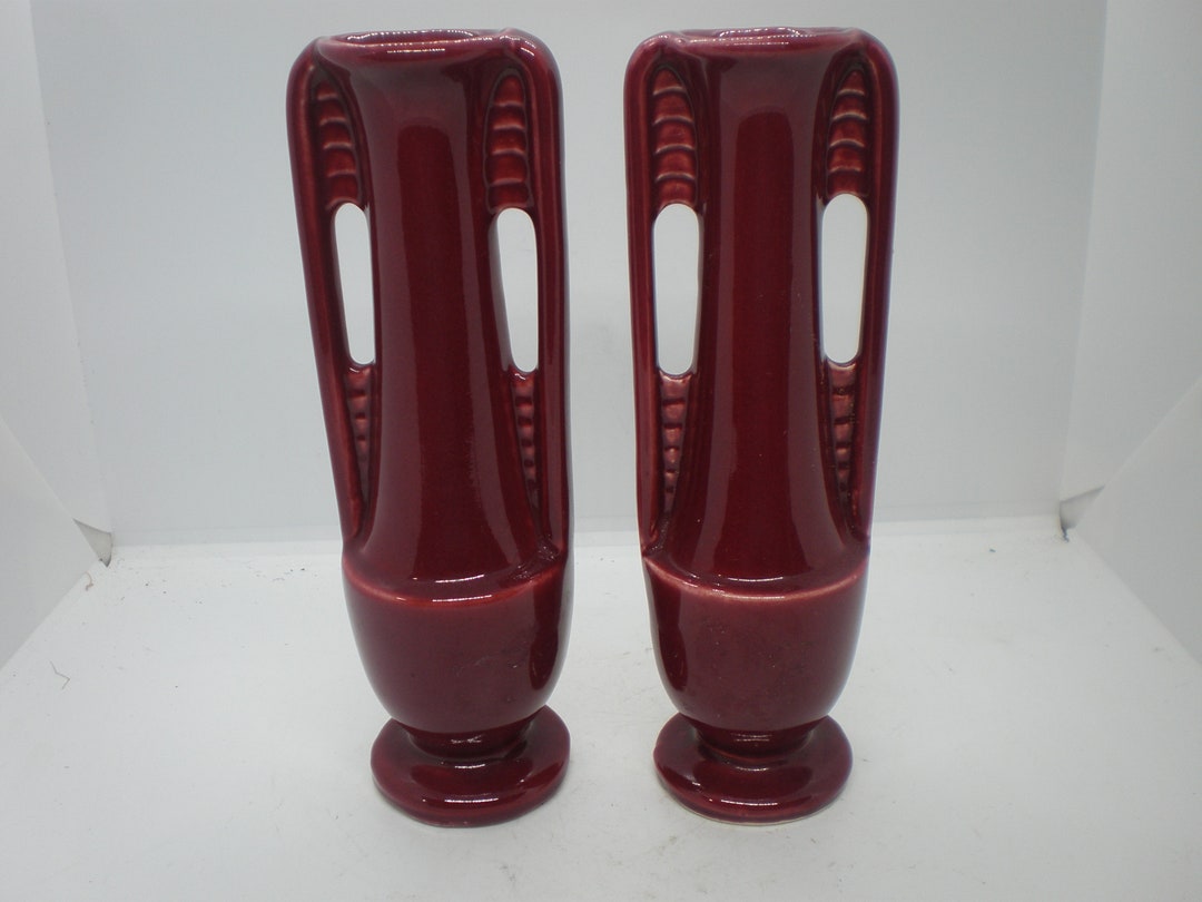 Vintage Maroon Pair of Vases With Art Deco Look - Etsy