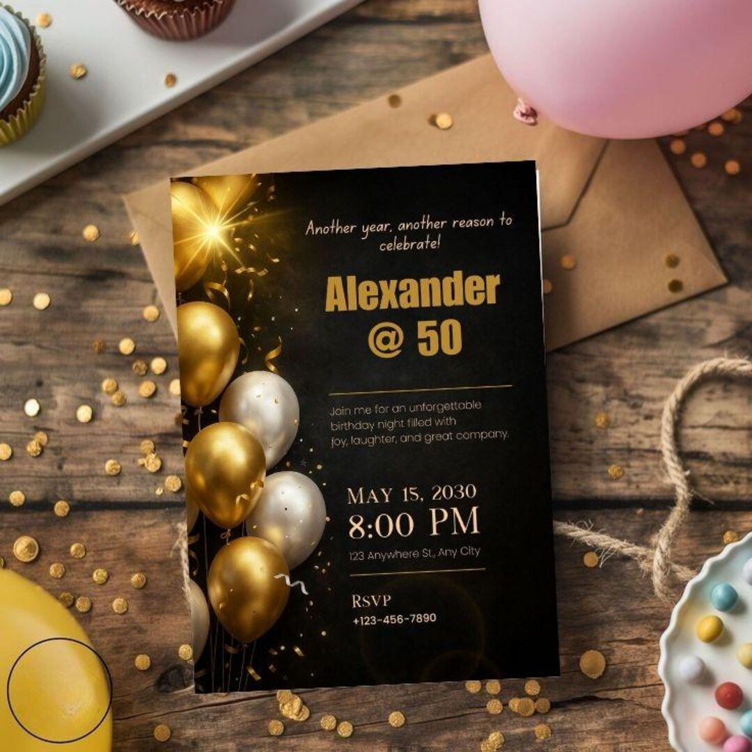 Elegant Gold & Black 50th Birthday Invitation (printable Editable ...
