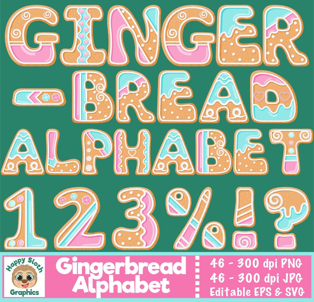 Gingerbread Alphabet Clipart Set in Pink and Turquoise, Personal and ...