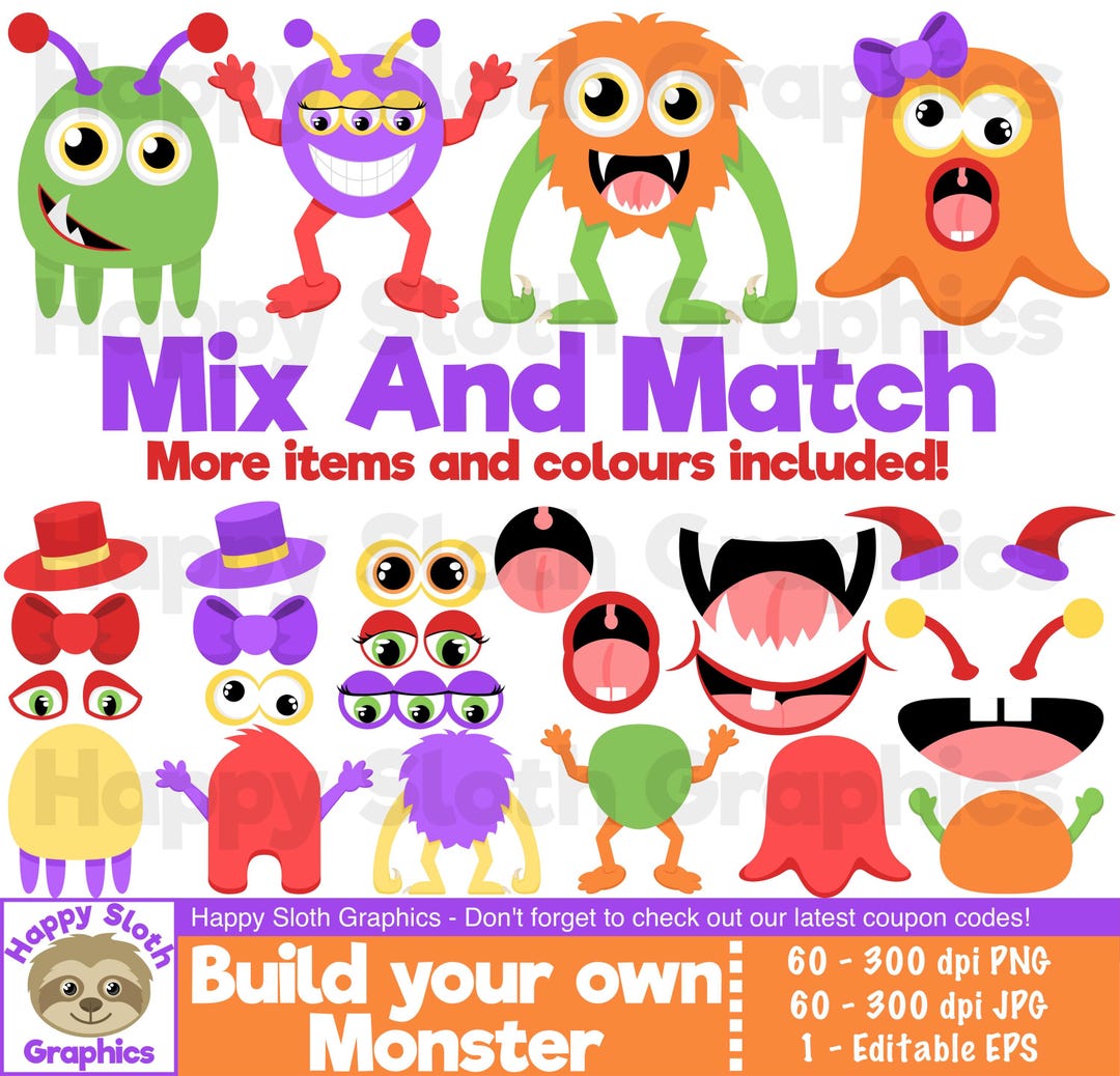 Monster Mix and Match Clipart Set: Halloween Vector Graphics (digital ...
