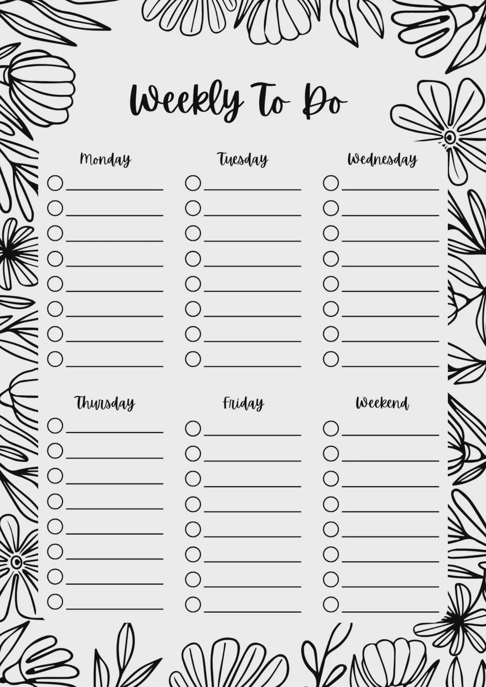 Weekly To-do List Printable | Boho Floral Black & White Planner ...