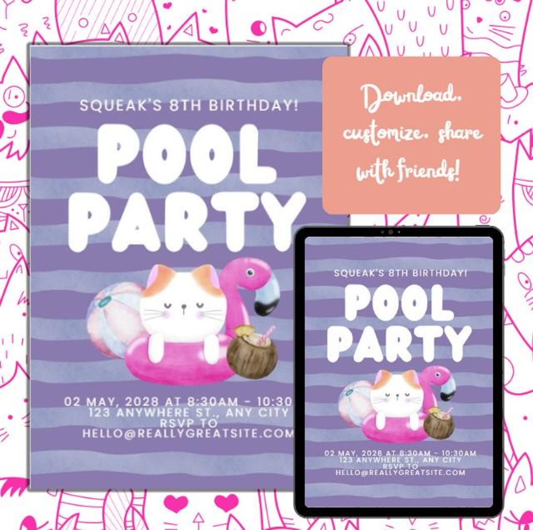 Editable Cat Birthday Pool Party Invitation | Canva Template (digital ...