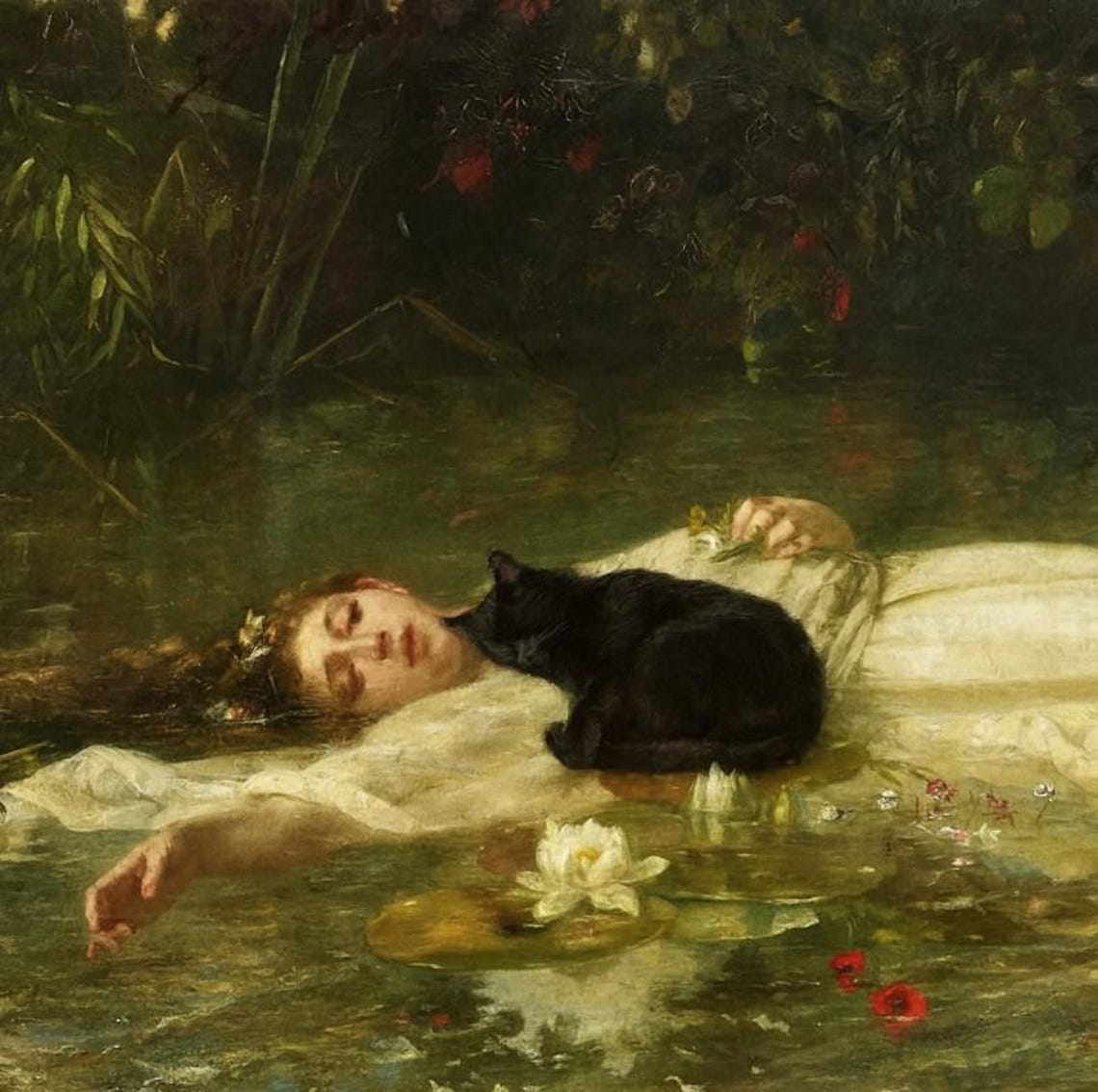 Ophelia & Black Cat Art Print: Gothic Pre-raphaelite Painting (digital ...
