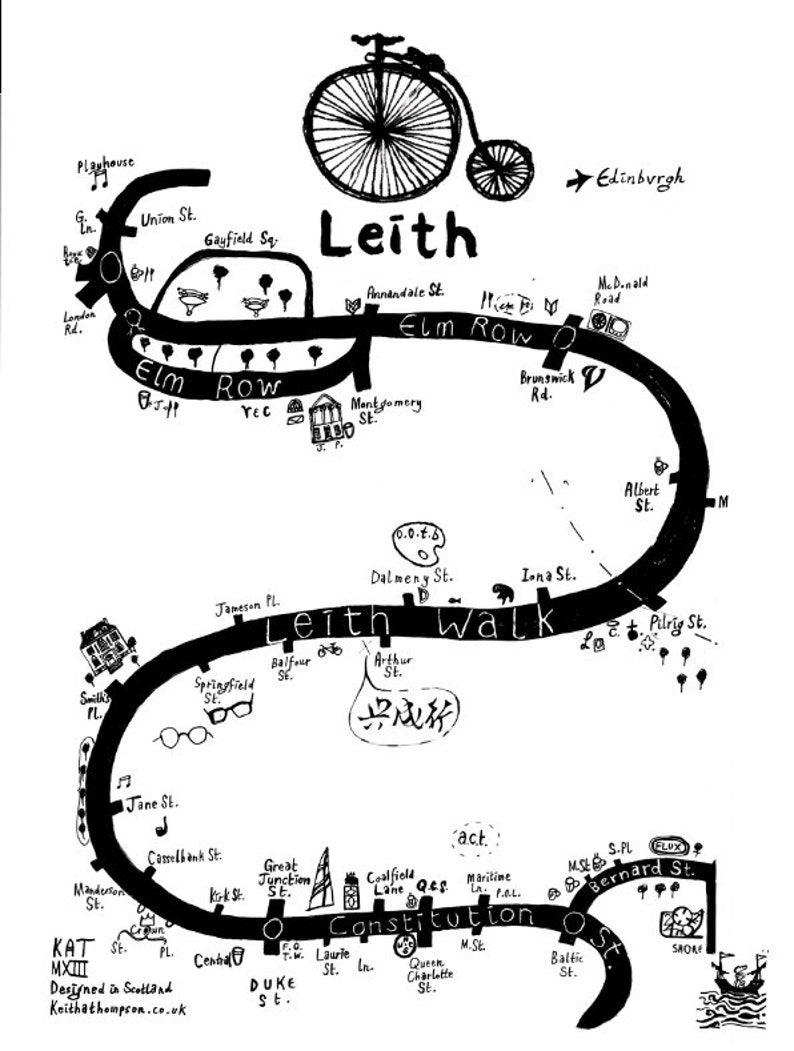 Edinburgh City Cycle Map - 'leith Walk' -PENNY FARTHING - Large B&W ...