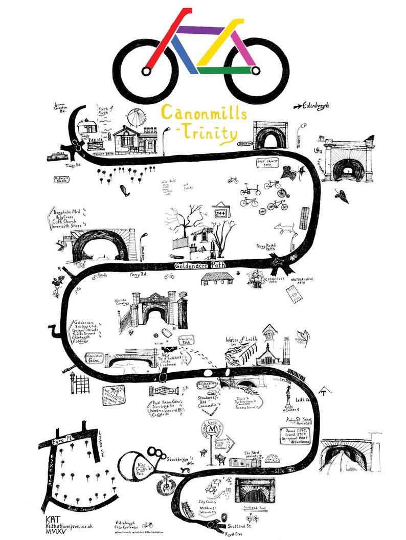 Edinburgh City Cycle Route Map - 'canonmills - Trinity' -- Large Poster ...