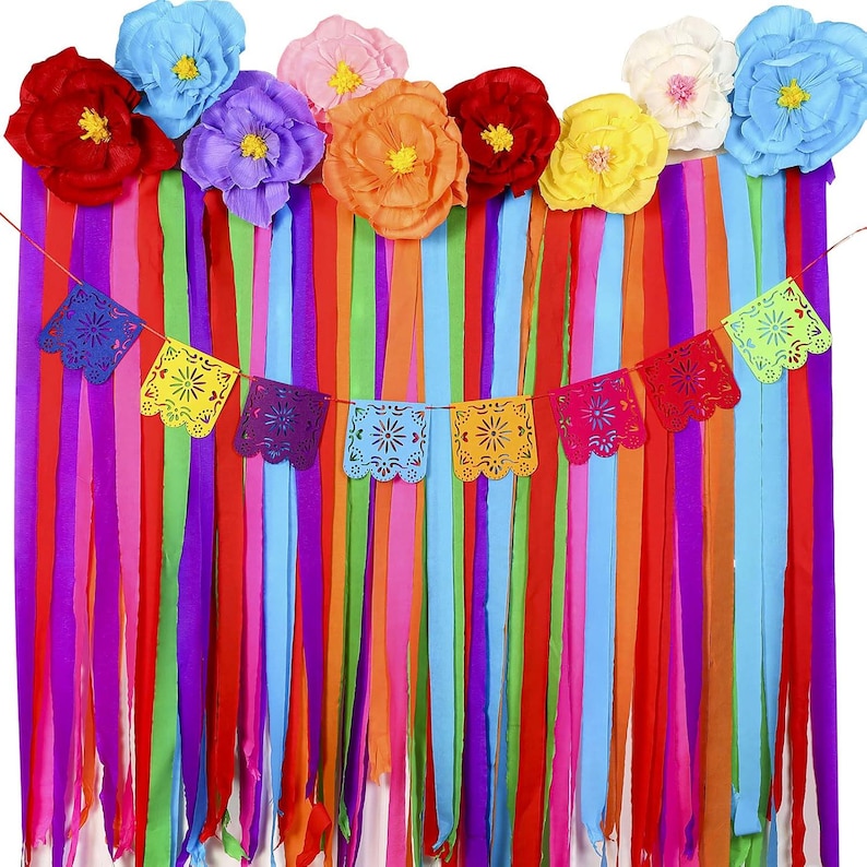 Mexican Fiesta Party Decoration Set: Paper Flowers, Streamer Backdrop ...