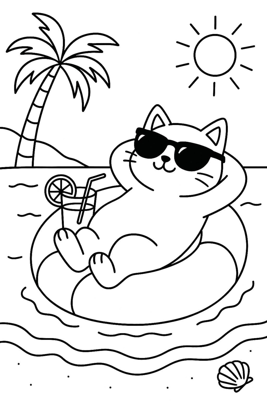 Beach Cat Coloring Page | Digital Download | Cute Animal | Printable ...