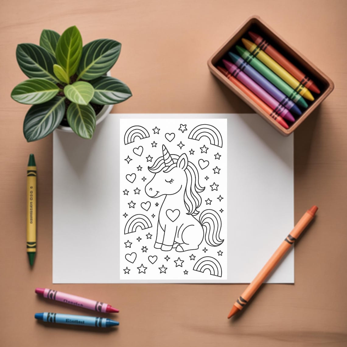 Unicorn Coloring Page: Magical Hearts, Stars, Rainbows (digital ...