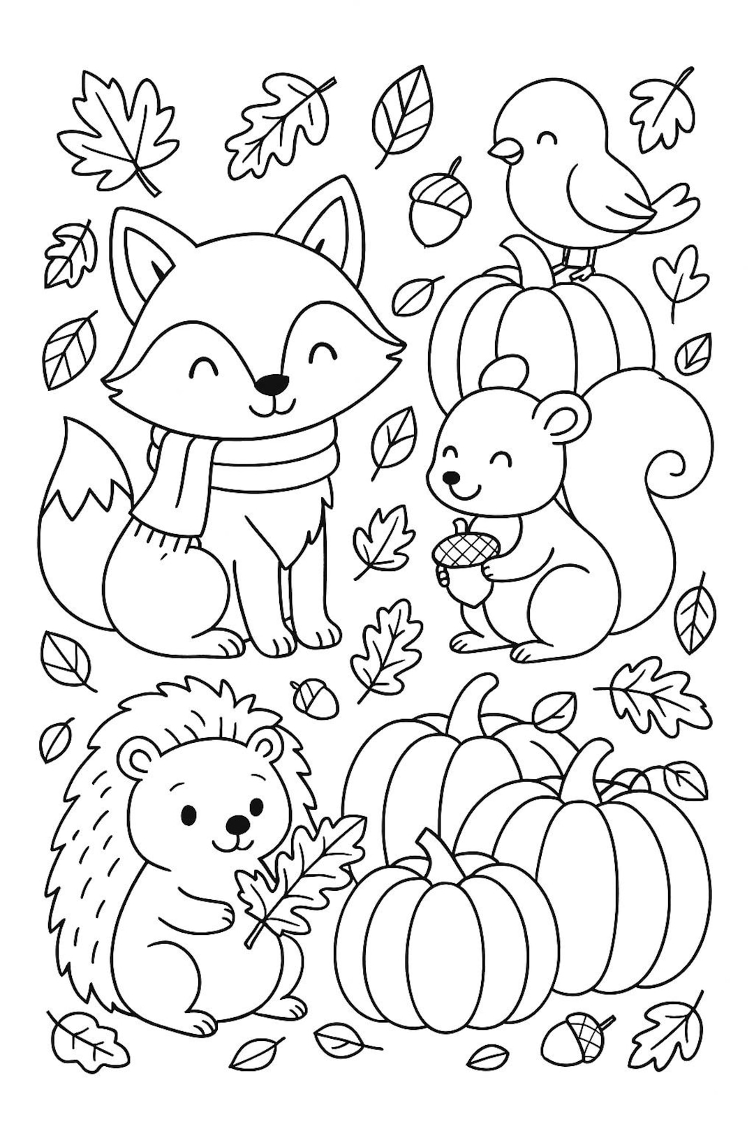 Fall Woodland Animals Coloring Page | Fox, Squirrel, Hedgehog ...