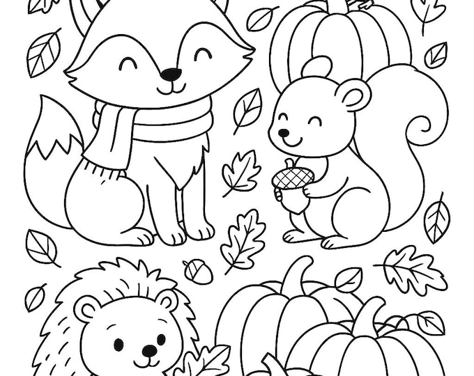 Fall Woodland Animals Coloring Page | Fox, Squirrel, Hedgehog ...